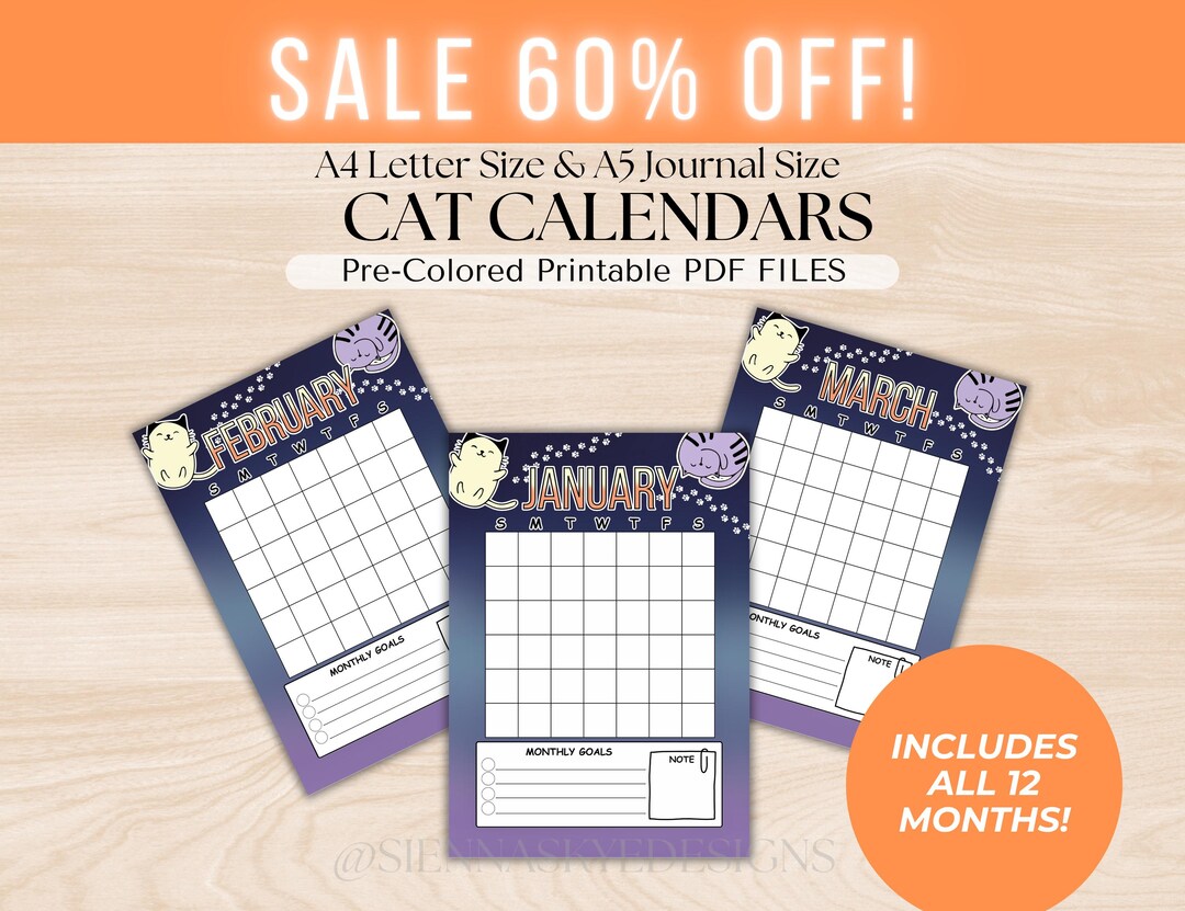 Cat Calendar Printable | A4 & A5 Sizes | S-S, M-S Layouts | Cute Yearly ...