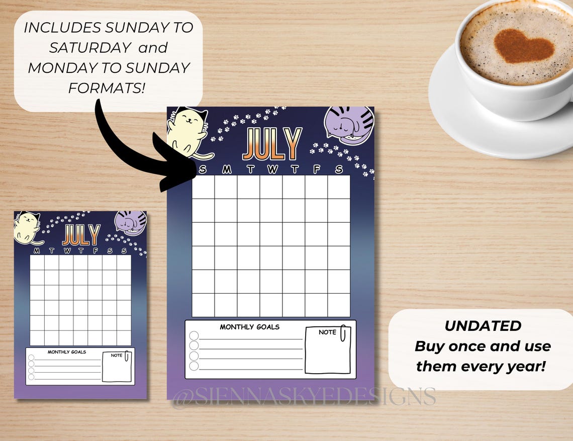 Cat Calendar Printable | A4 & A5 Sizes | S-S, M-S Layouts | Cute Yearly ...