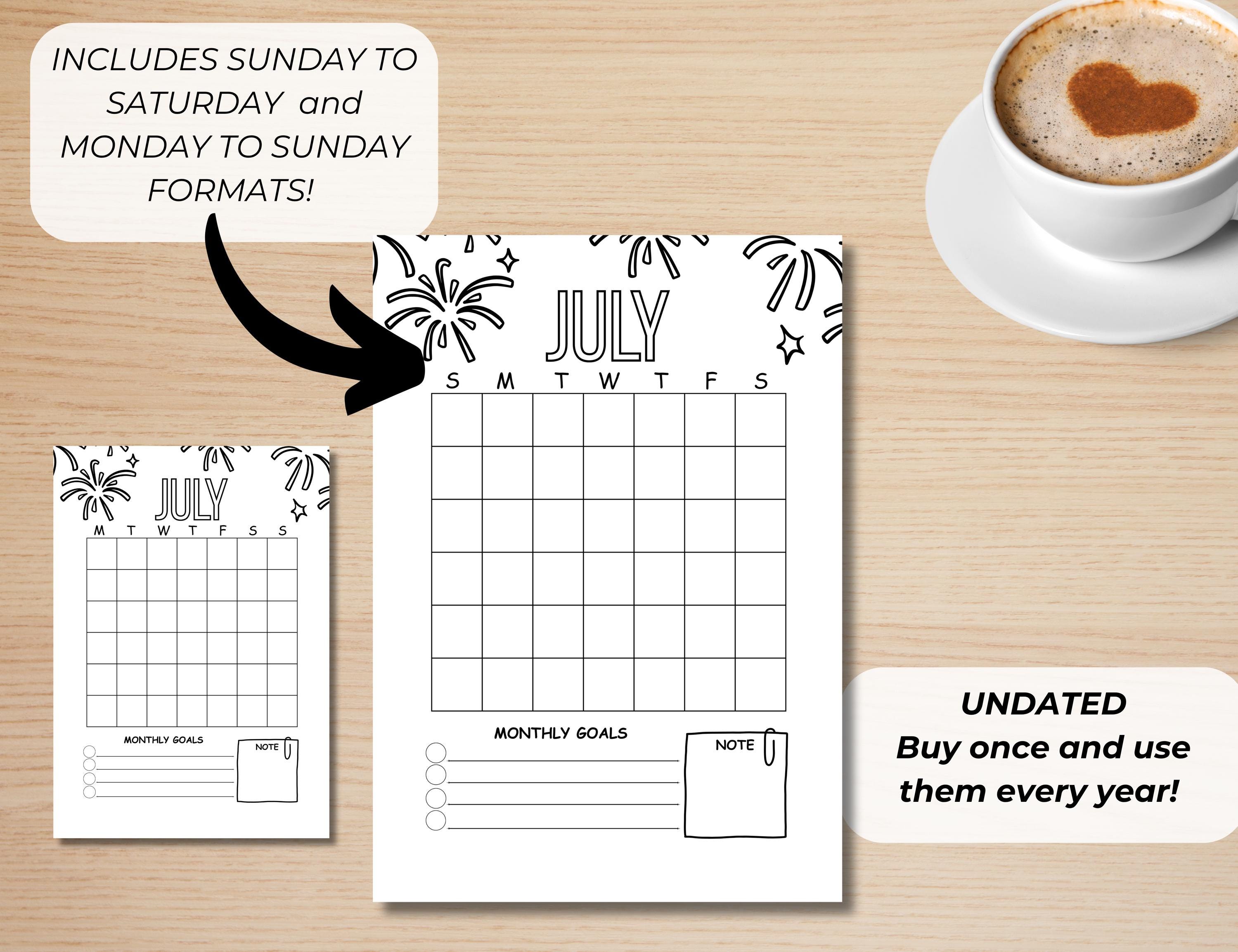 July Printable Title Page and Calendar, Fireworks Planner, Fireworks ...