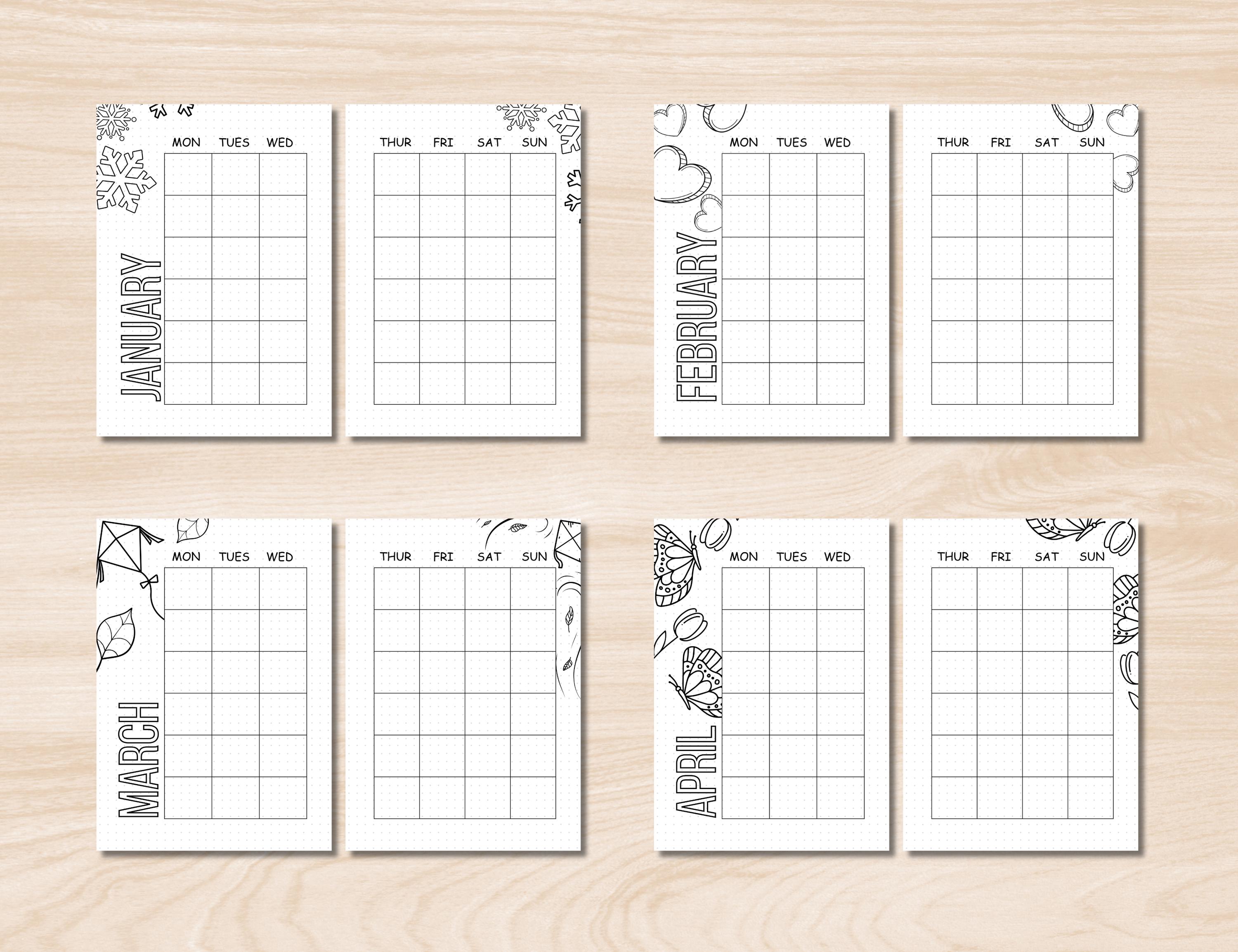 12-month Printable Calendar - 2-page Spread Journal Template - Monthly ...