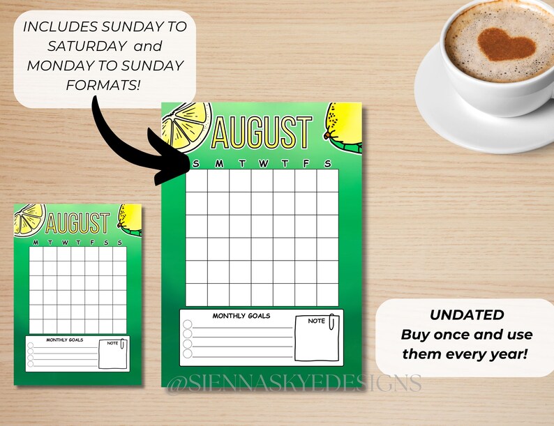 Lemon Printable Monthly Calendar: August Planner Bundle (A4/A5 Digital ...