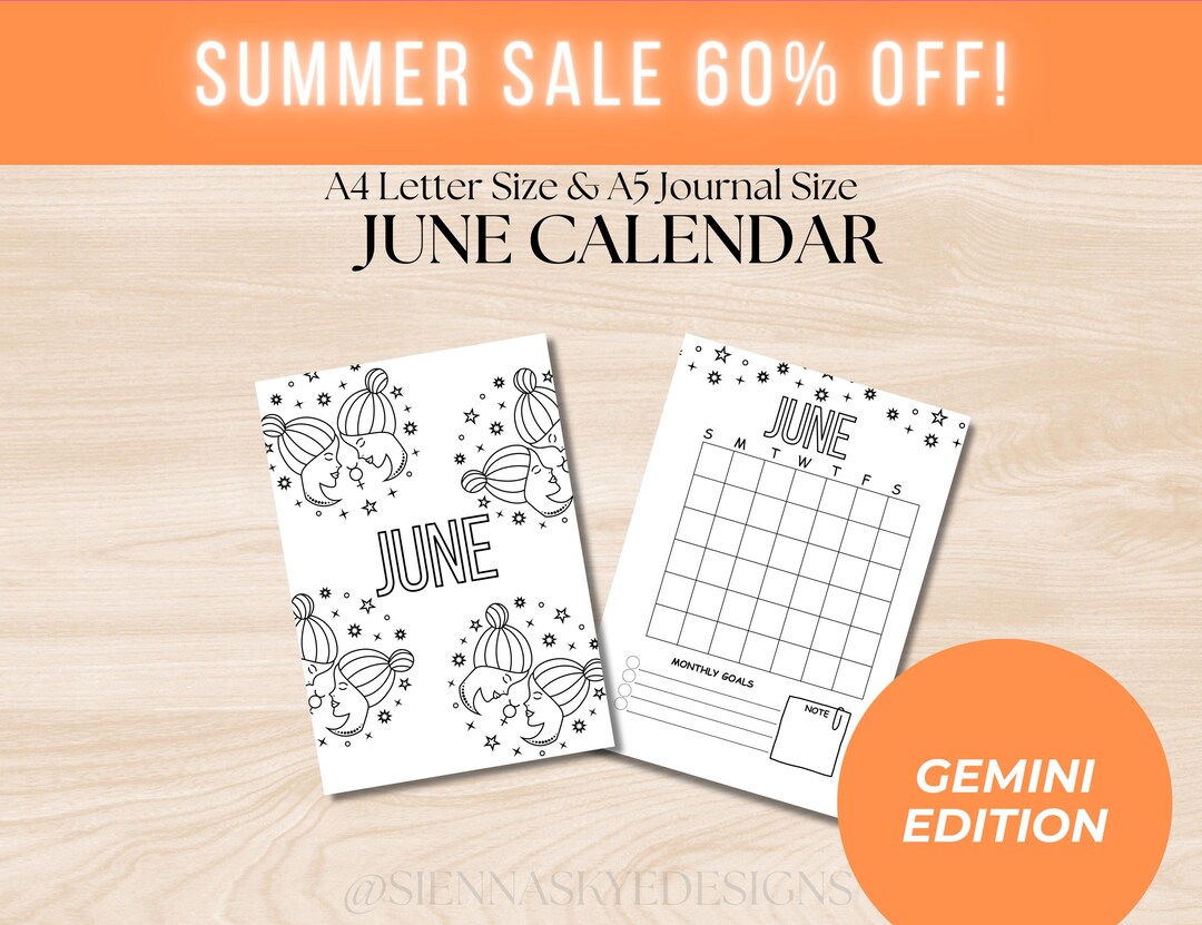 June Calendar Printable: Gemini Edition, A4/A5 Journal (instant ...