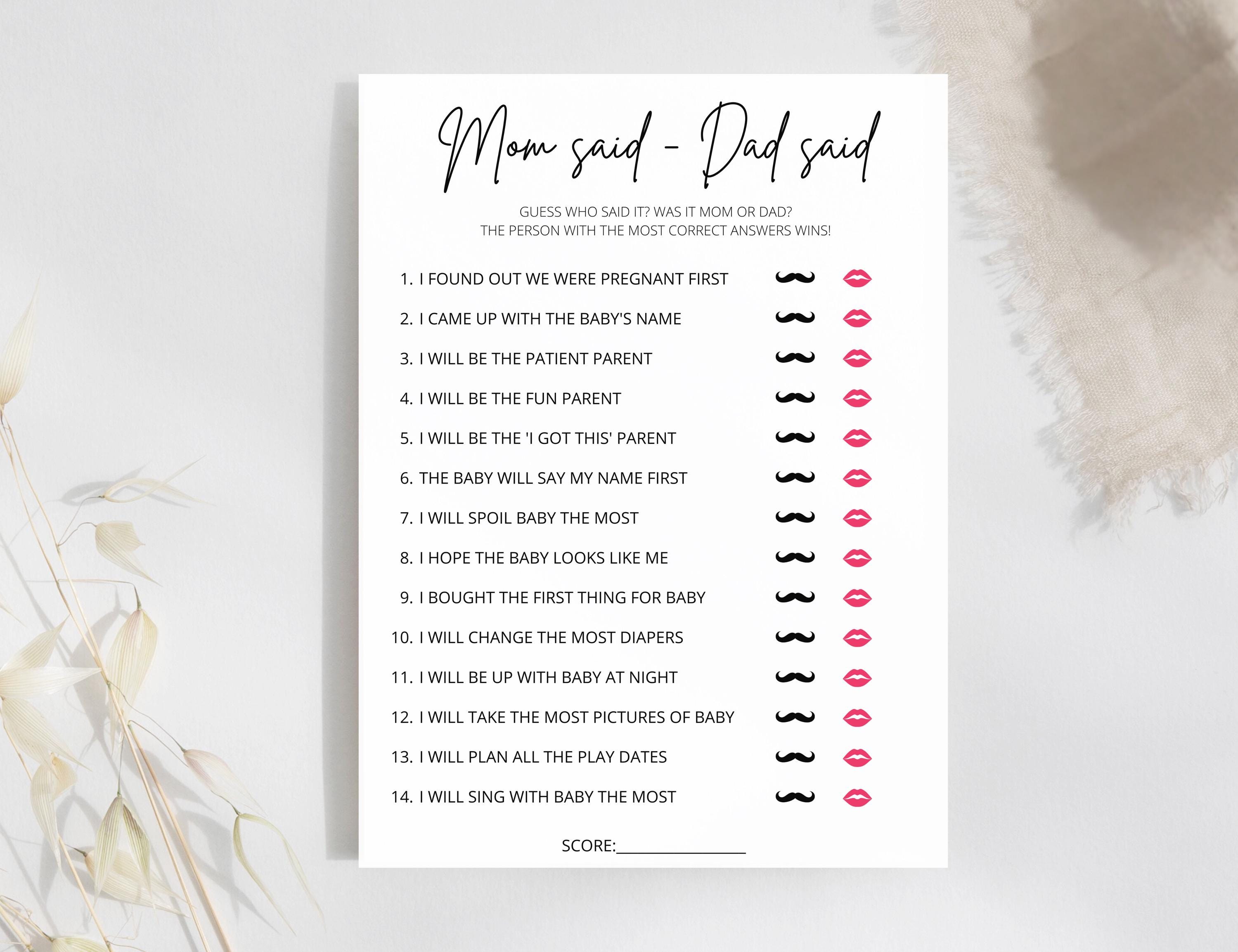 Mom Said Dad Said Baby Shower Game Baby Shower Party Game Baby Trivia ...