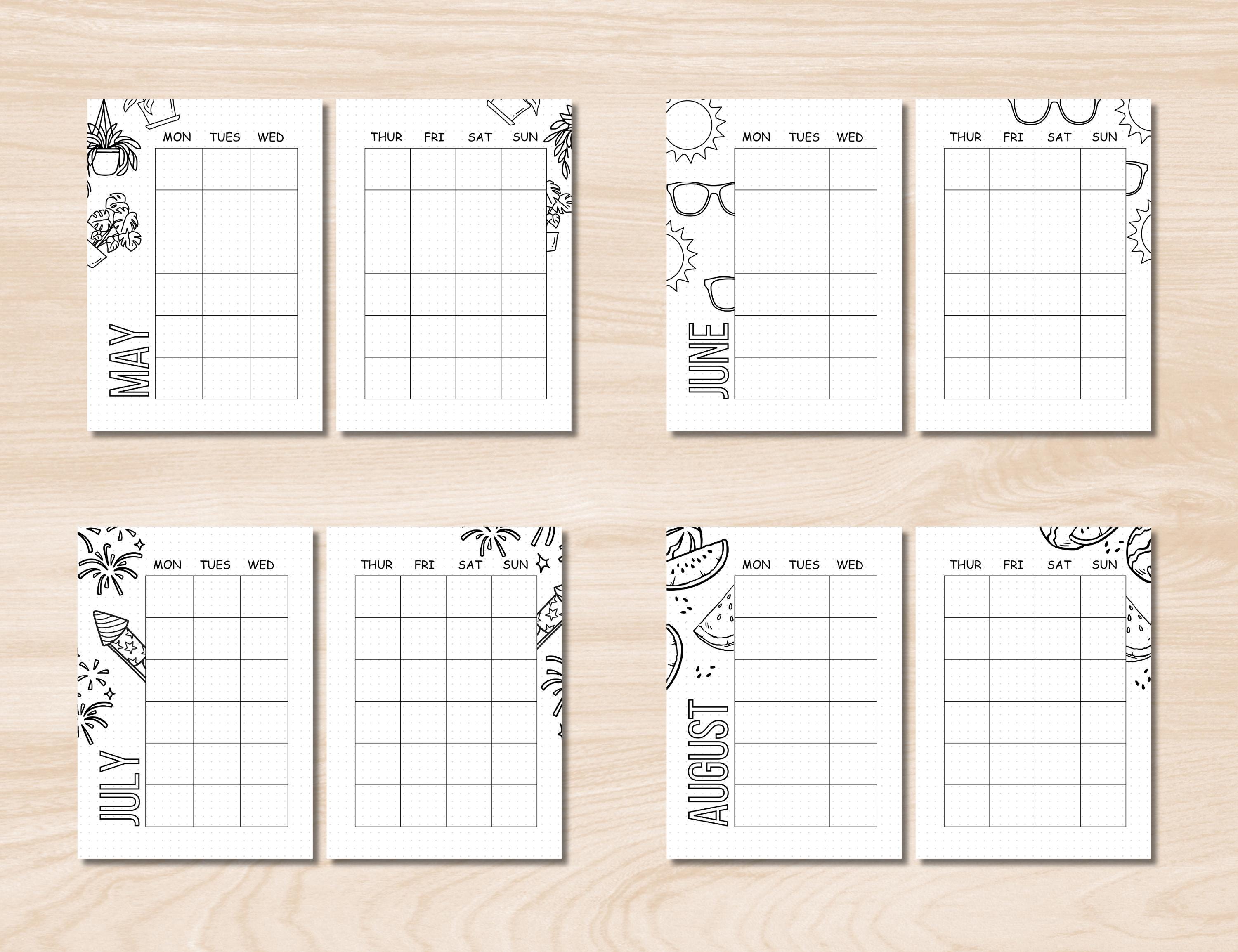 12-month Printable Calendar - 2-page Spread Journal Template - Monthly ...