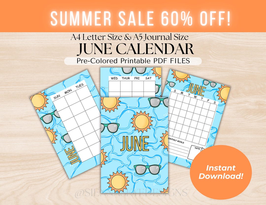 June Printable Title Page and Calendar, Sun and Sunglasses Planner ...
