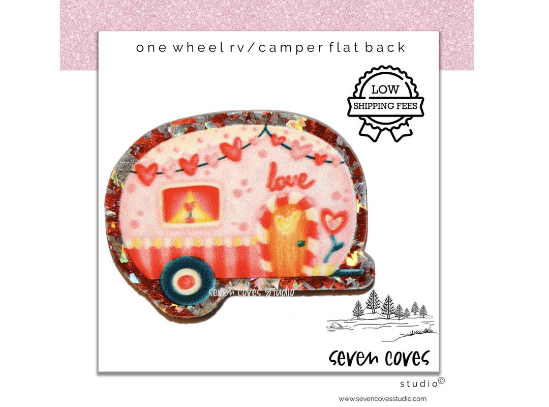 GLITTER ACRYLIC FLATBACK, Love Theme Camper, Planar Resin Cabochons ...