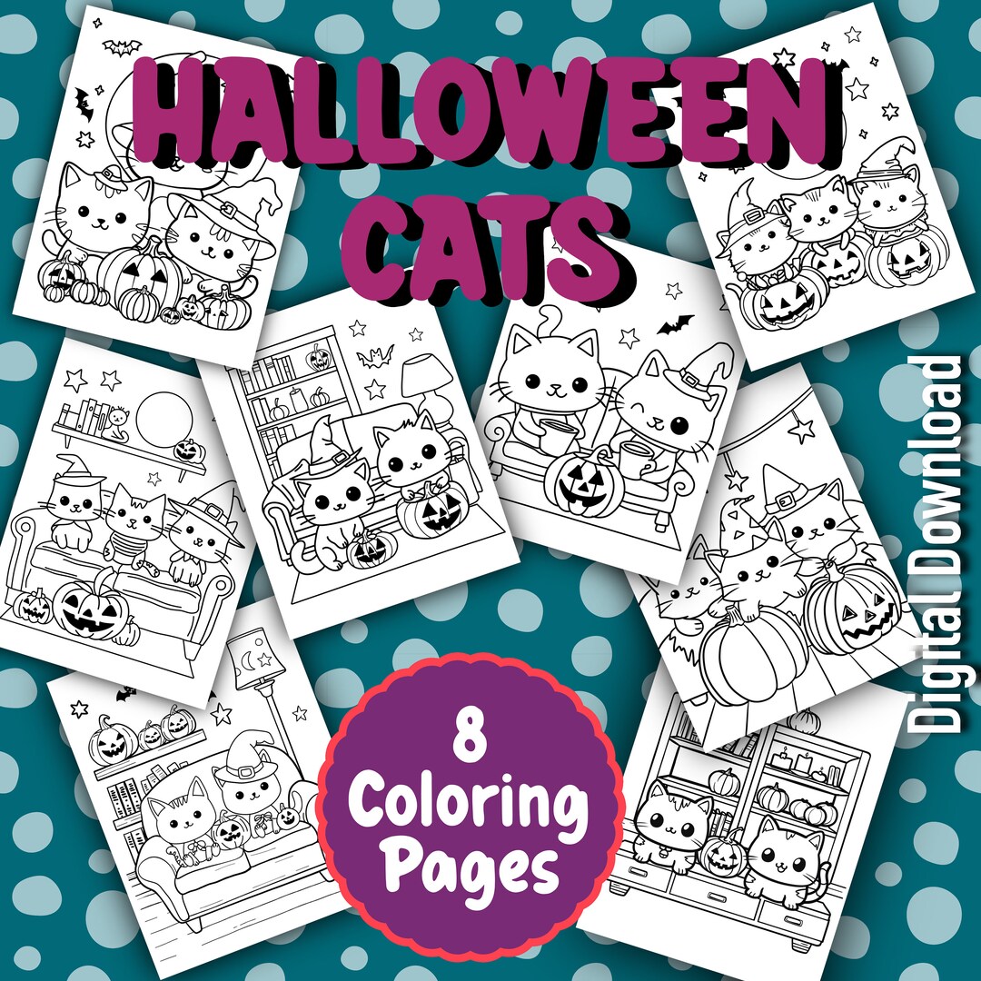 Halloween Cats Coloring Pages Bundle - Etsy