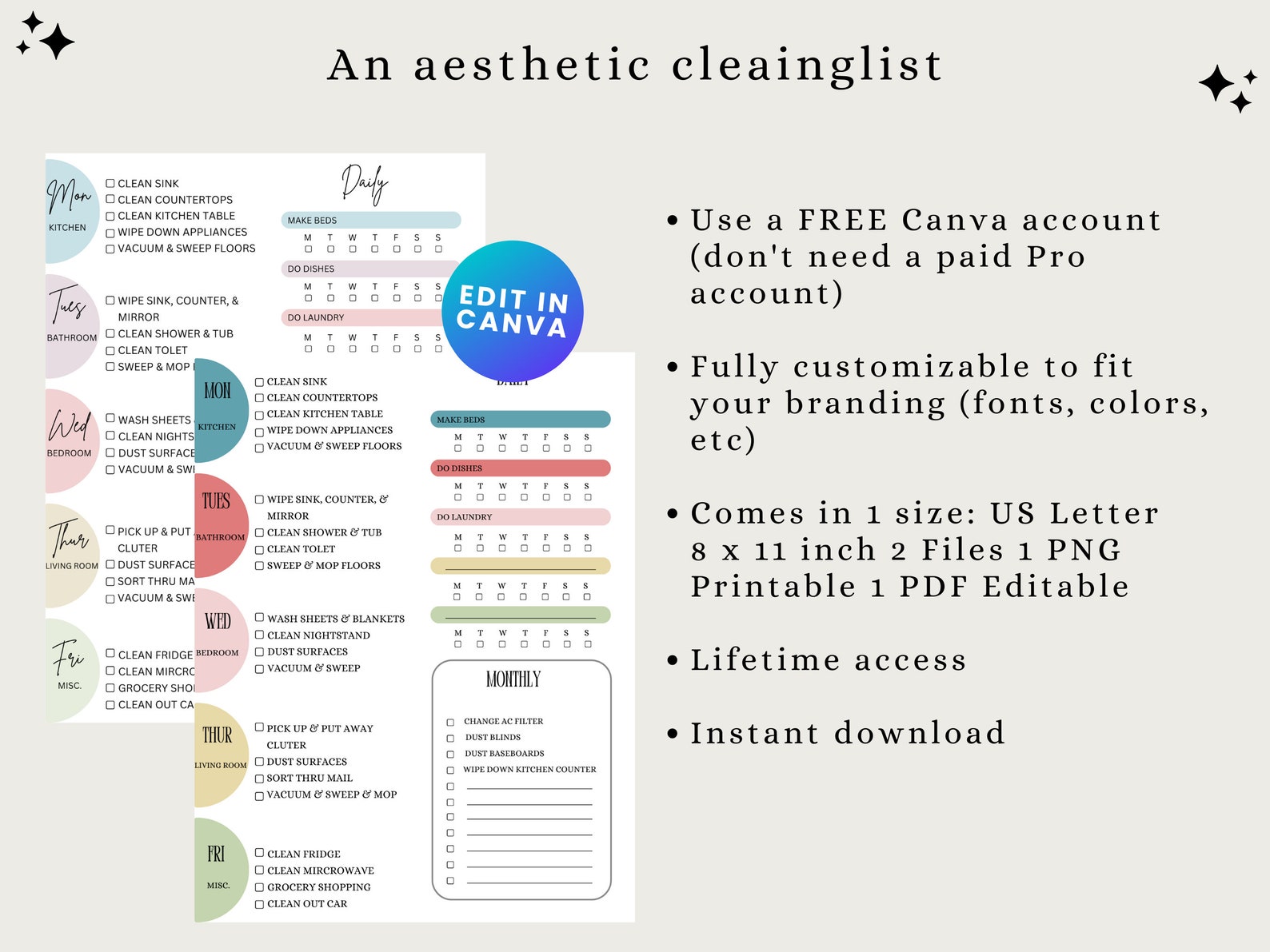 Digital Editable Downloadable Weekly Cleaning Colorful Checklist ...