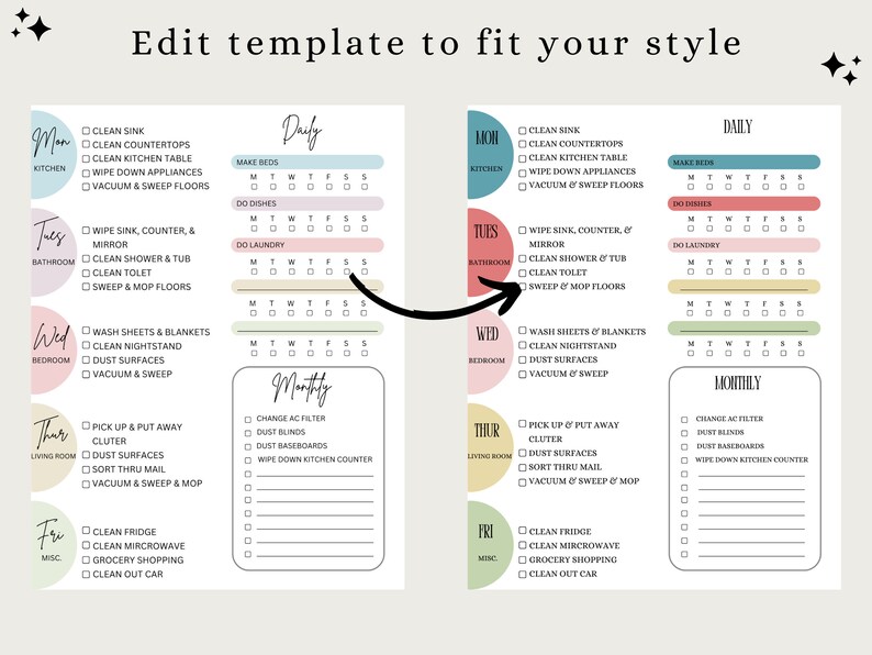 Digital Editable Downloadable Weekly Cleaning Colorful Checklist ...