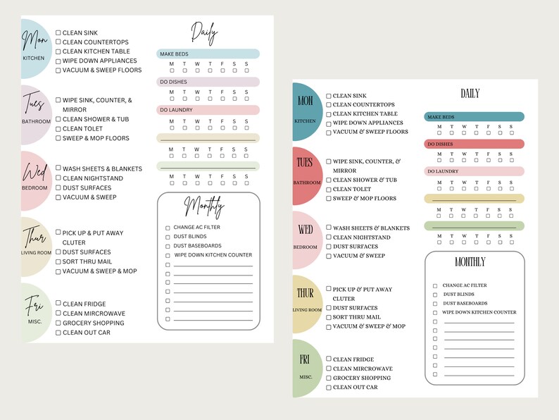 Digital Editable Downloadable Weekly Cleaning Colorful Checklist ...