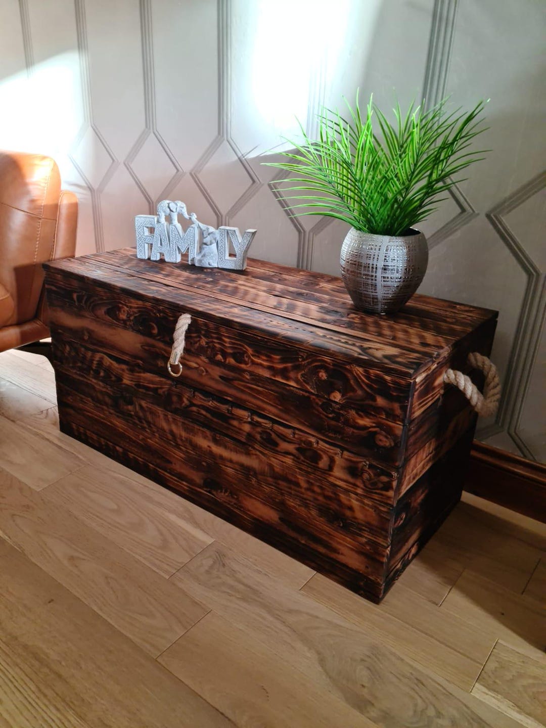 Large Wooden Storage Box With Hinged Seat Lid & Rope Handles - Etsy