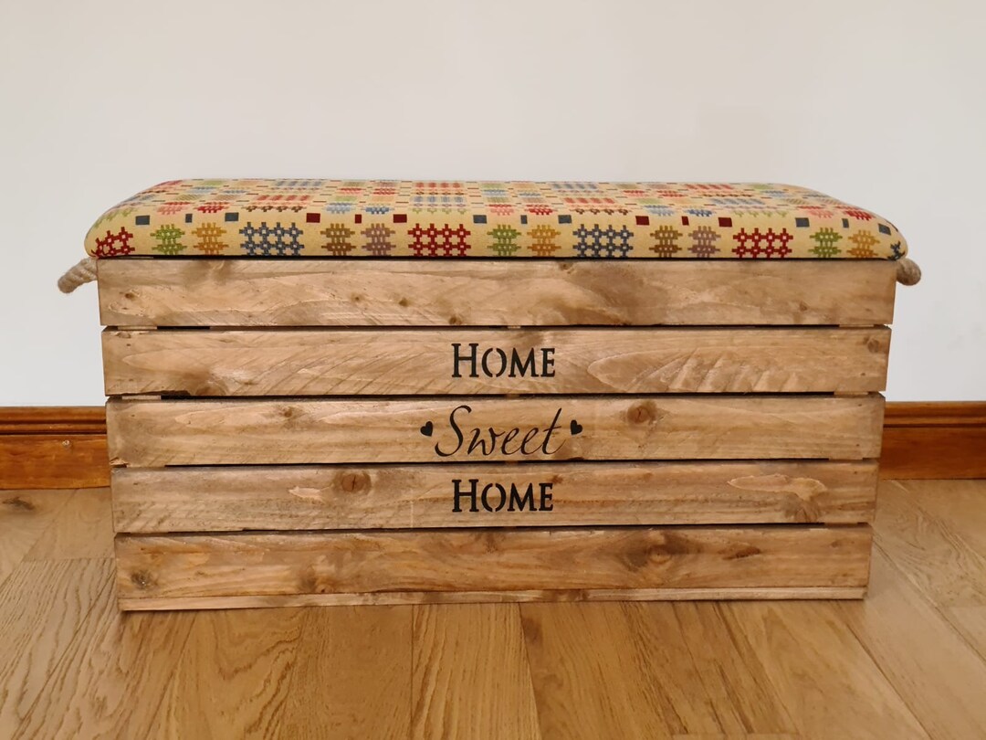 Large Wooden Storage Box Seat With Upholstered Lid & Rope Handles ...