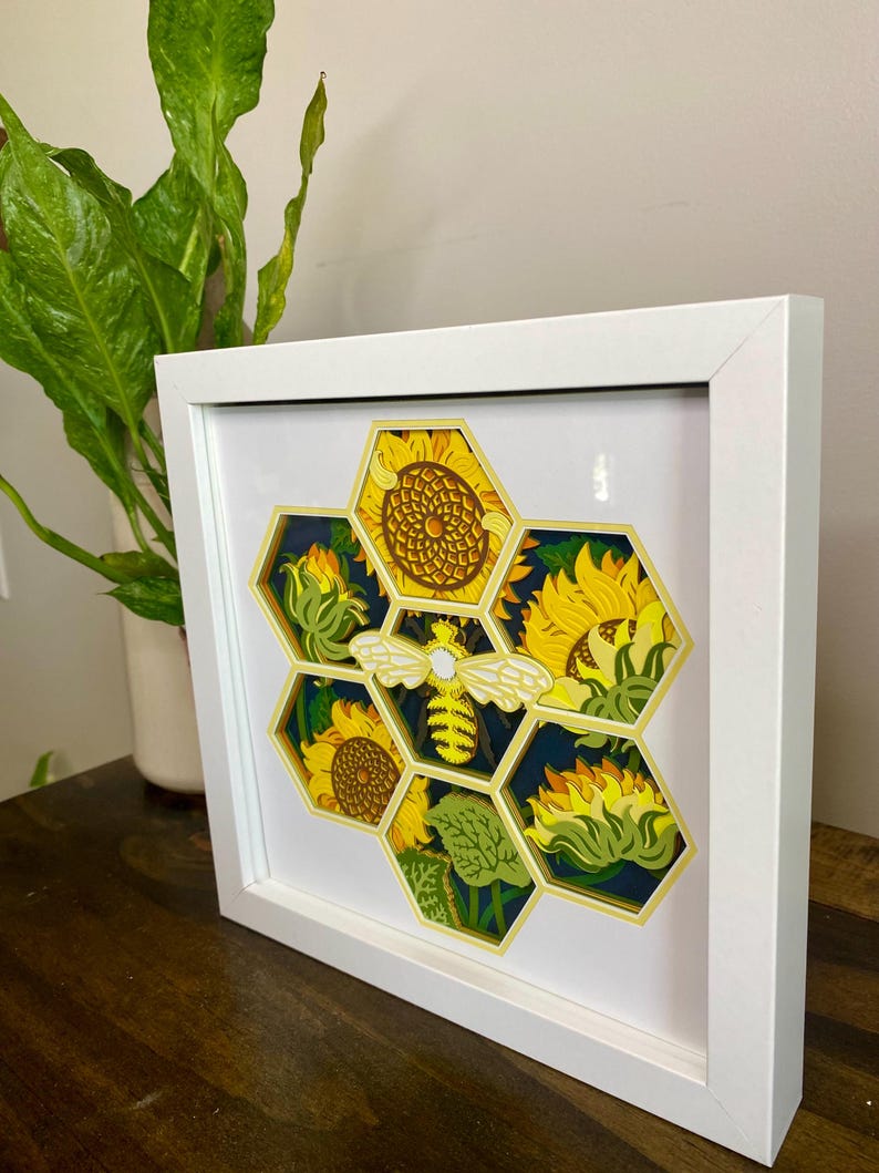 3D Sunflower Bee Shadowbox: Handmade Paper Wall Art, 8x8 - Etsy