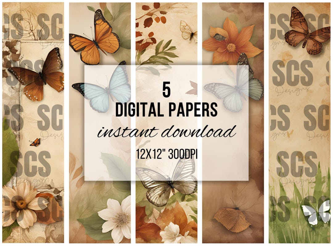Vintage Grassy Butterfly Digital Paper, Vintage Scrapbook Paper ...