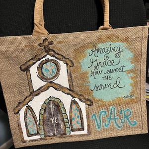 Handpainted Church Burlap Tote Bag - Etsy