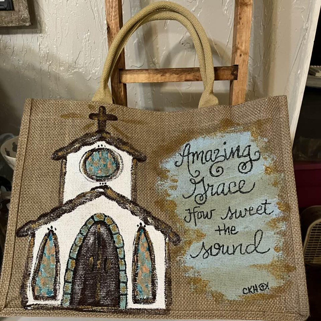 Handpainted Church Burlap Tote Bag - Etsy