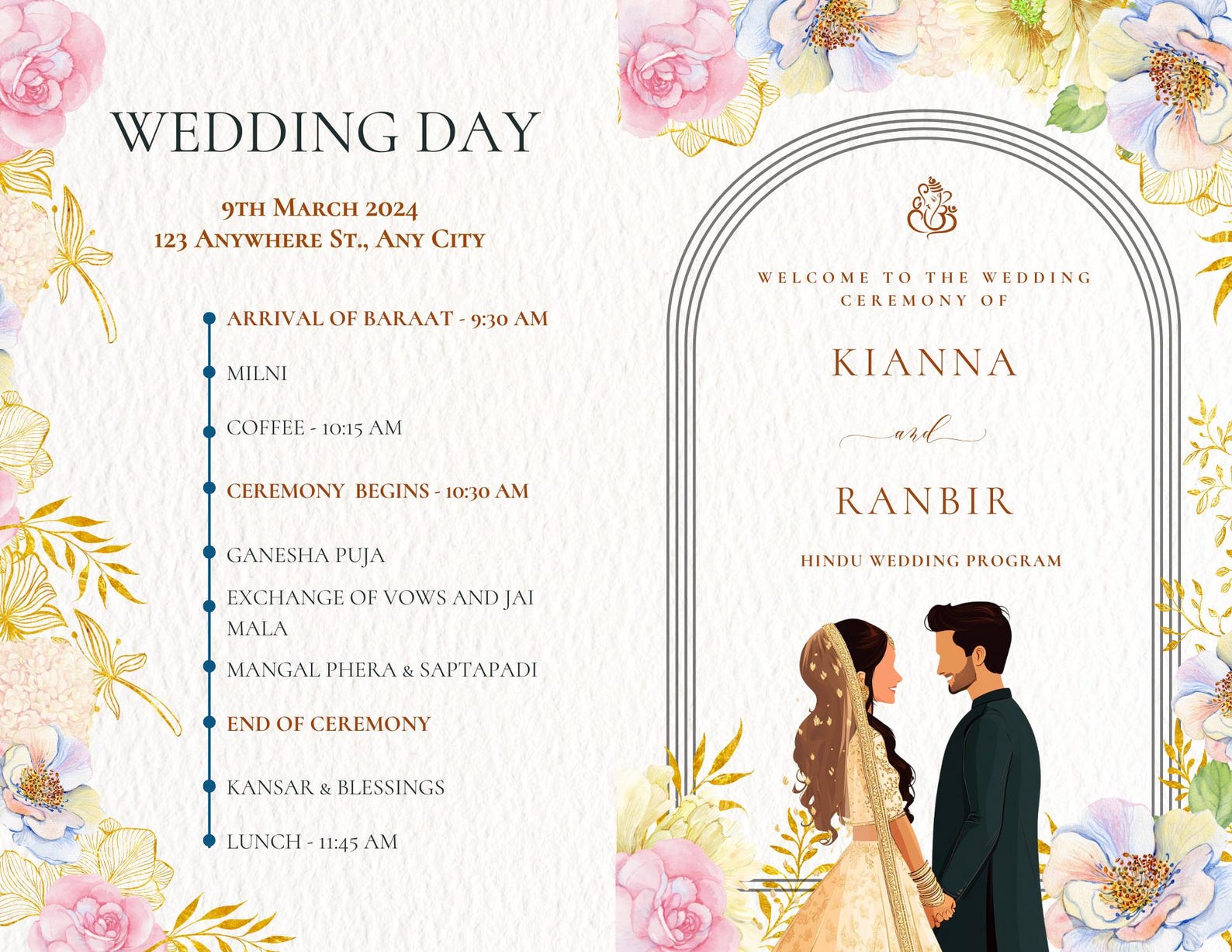 Hindu Wedding Program Template Indian Wedding Ceremony Program Hindu ...