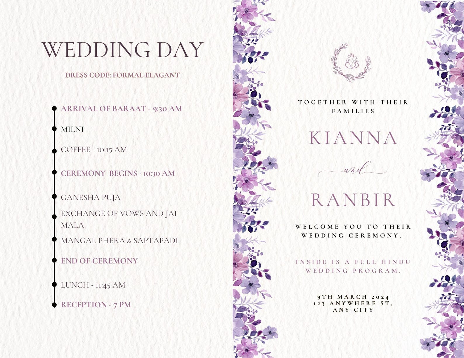 Hindu Wedding Program Template Indian Wedding Ceremony Program Hindu ...
