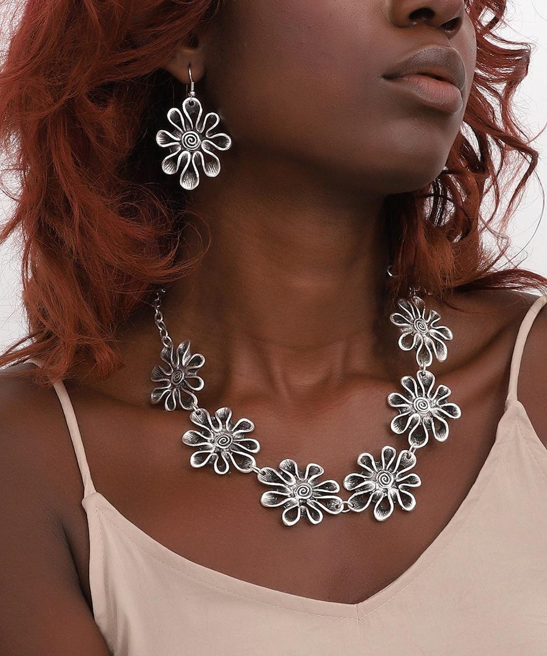 Handcrafted Antique Silver Flower Jewelry Set: Necklace and Earrings - Etsy