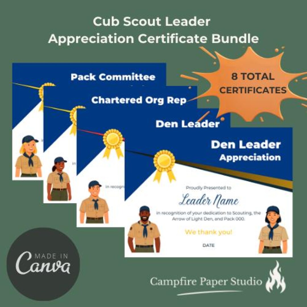 Cub Scout Leader Appreciation Certificate Bundle | Editable Canva ...