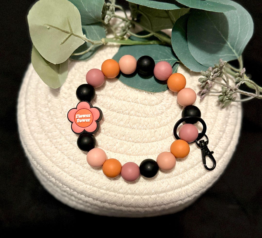 Flower Power Wristlet Keychain - Pink, Orange and Black Silicone Beads ...