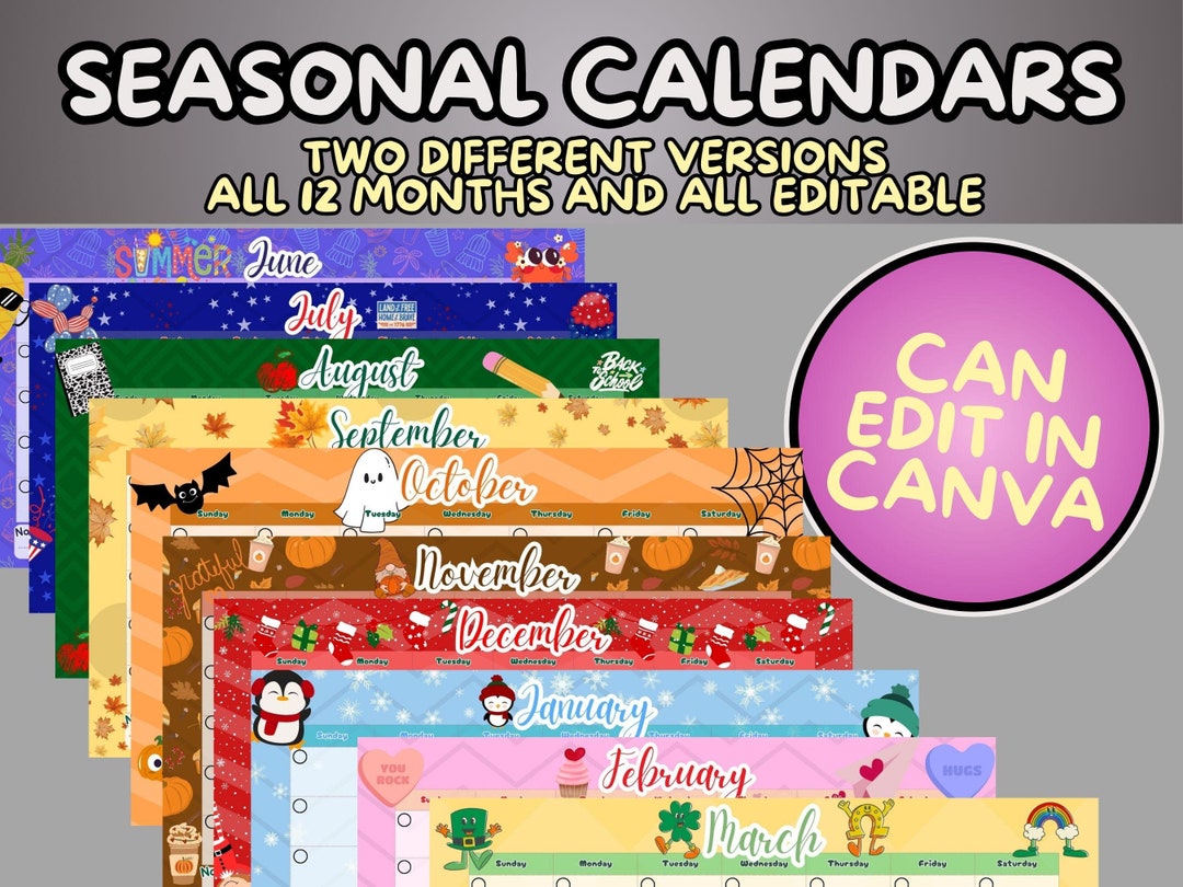 Themed Monthly Calendars: Classroom & Office Use (editable in Canva) - Etsy