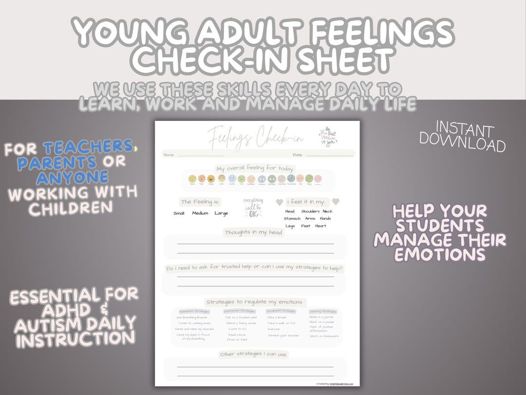 Young Adult Feelings Check in Guide to Help Regulate Emotions, Practice ...