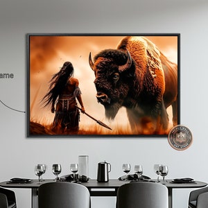 Powerful Warrior and Buffalo Framed Canvas Wall Art Native American Art ...