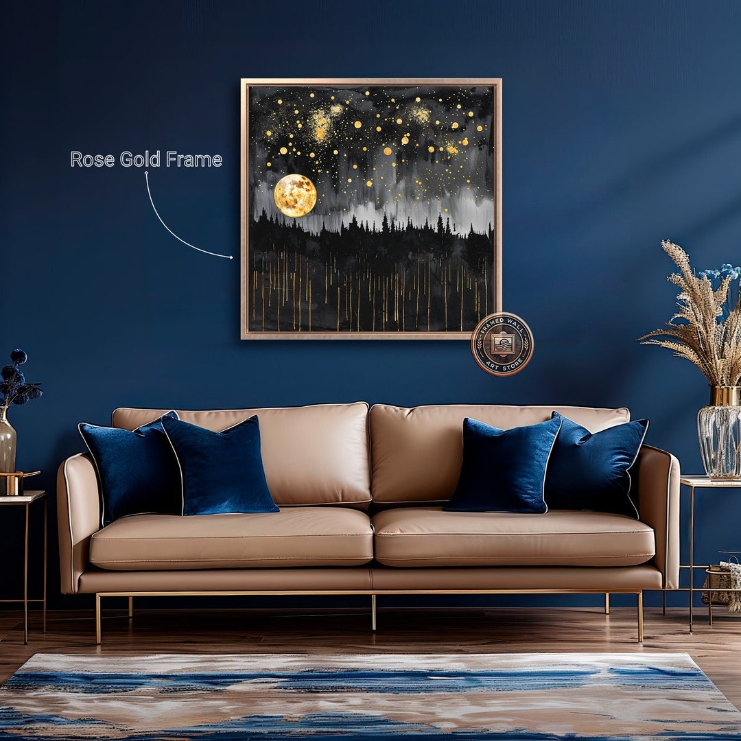 Mystical Moonlight Forest Framed Canvas Wall Art Abstract Night Sky ...