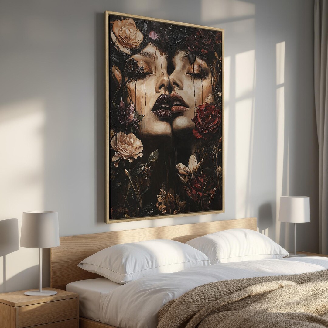 Gothic Twin Girls With Roses - Framed Canvas Print, Dark Floral Canvas ...
