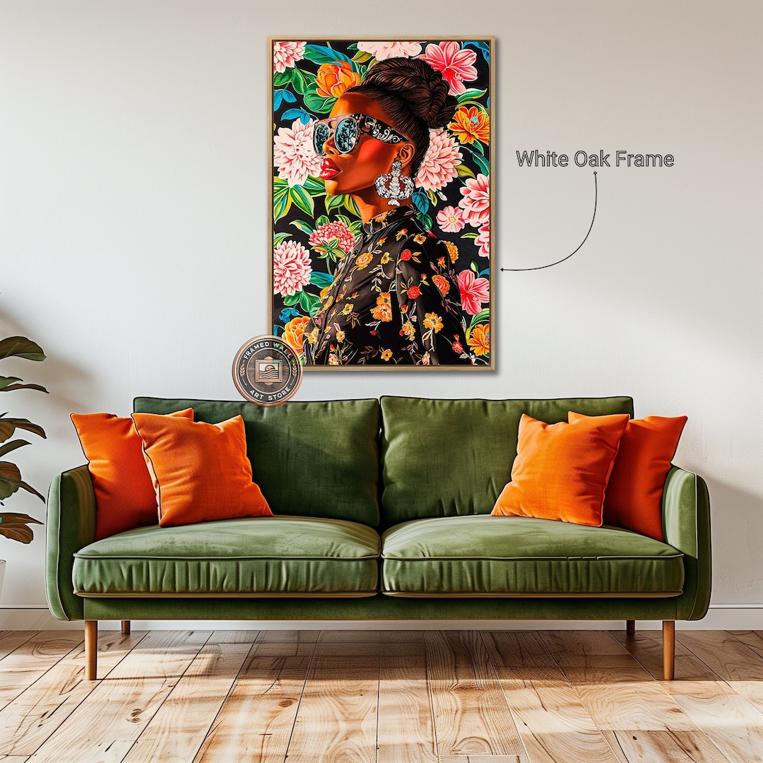 Modern African American Woman Framed Canvas Wall Art Stylish Black Lady ...