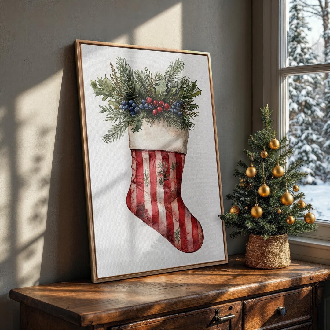 Christmas Stocking With Greenery Framed Canvas Wall Art Festive ...