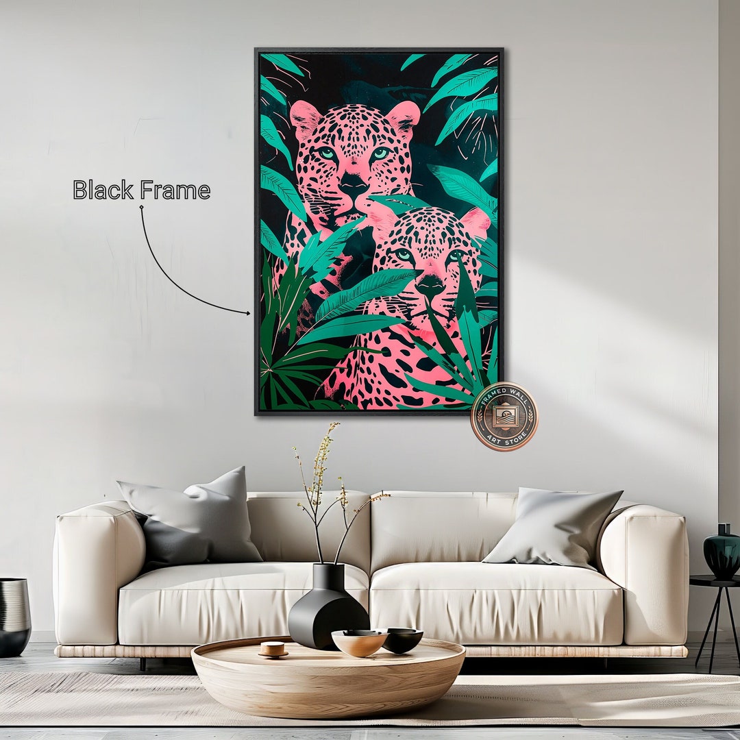Vibrant Jungle Leopards Framed Canvas Wall Art Pink Leopard Painting ...