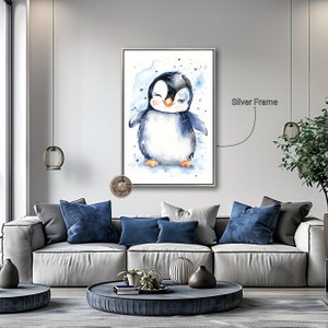 Adorable Baby Penguin Framed Canvas Wall Art Animal Watercolor Painting ...