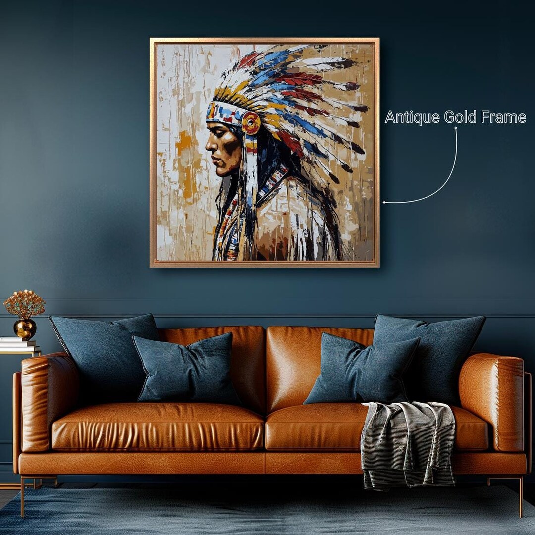 Native American Headdress Portrait Framed Canvas Wall Art Warrior ...
