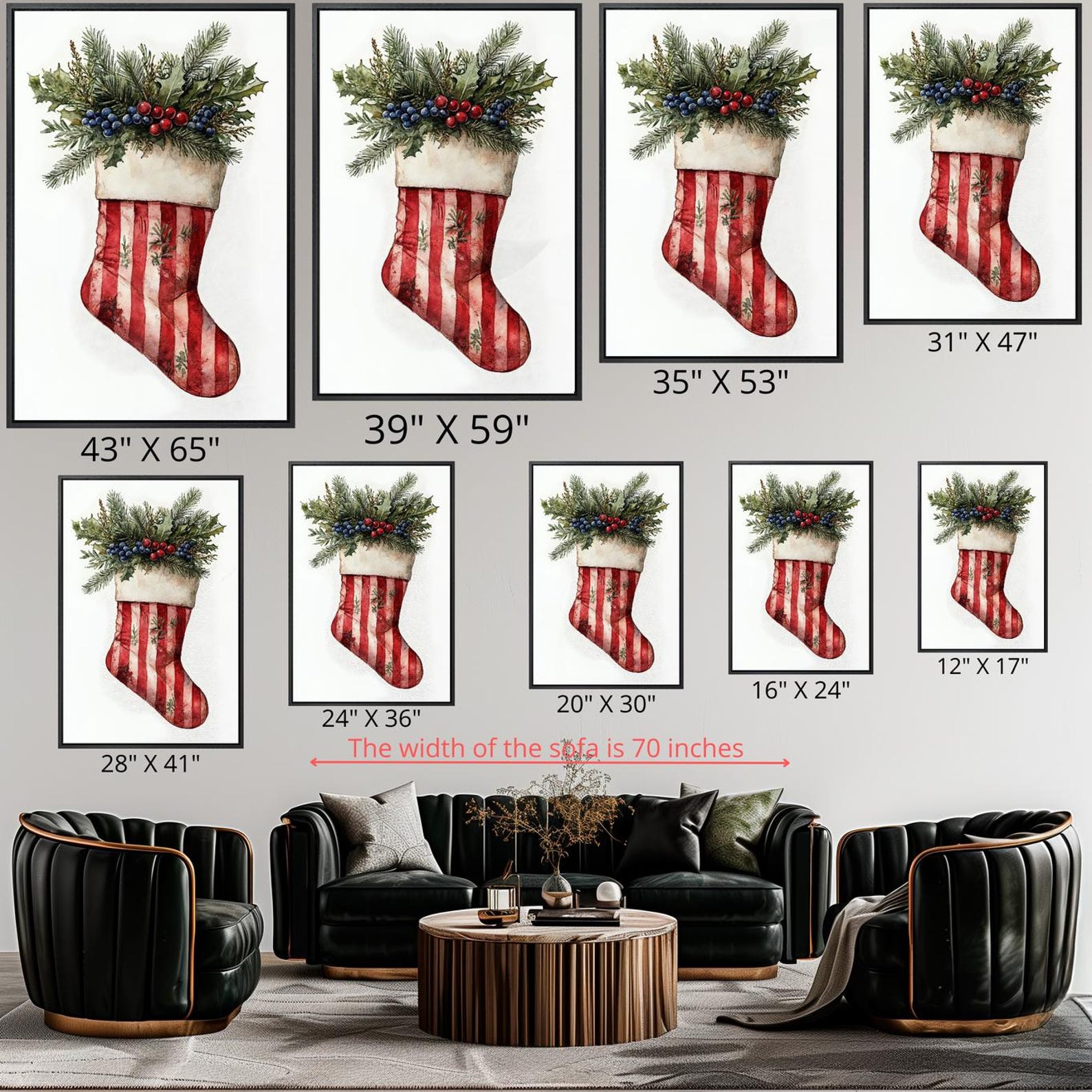 Christmas Stocking With Greenery Framed Canvas Wall Art Festive ...