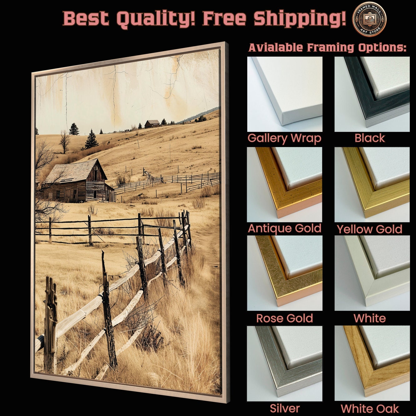 Rustic Old Barn Framed Canvas Wall Art Vintage Farm Landscape Print ...
