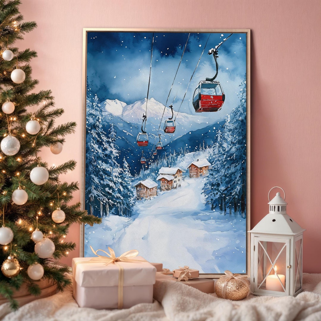 Winter Landscape With Ski Lifts Framed Canvas Wall Art Snowy Mountain ...