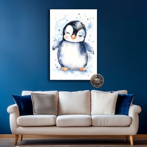 Adorable Baby Penguin Framed Canvas Wall Art Animal Watercolor Painting ...