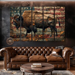 American Bison in Rustic Style Framed Canvas Wall Art Patriotic ...