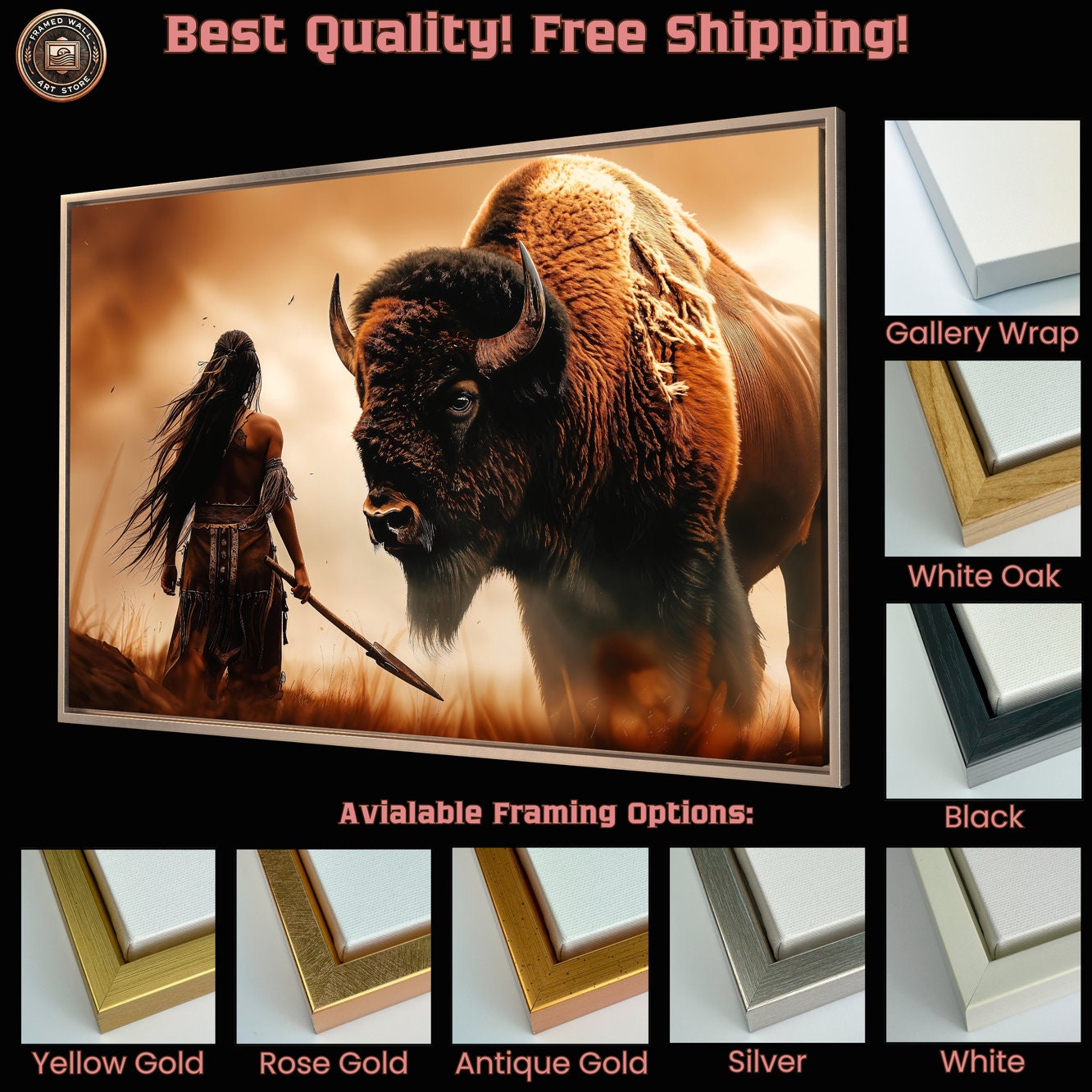 Powerful Warrior and Buffalo Framed Canvas Wall Art Native American Art ...