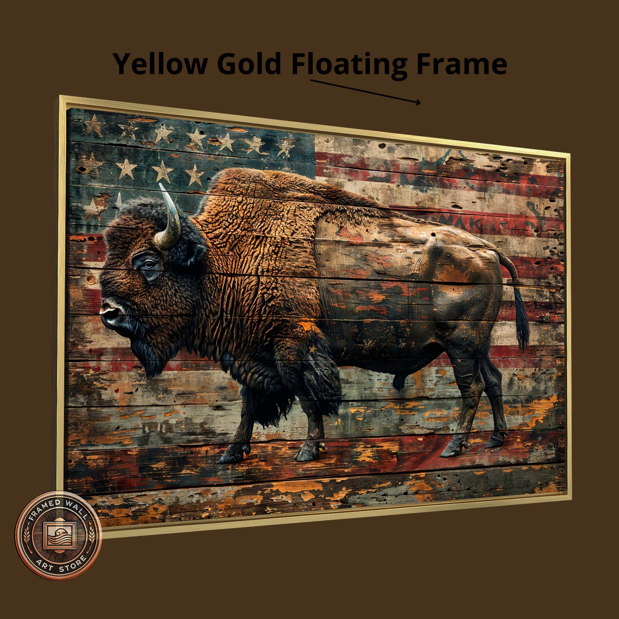 American Bison in Rustic Style Framed Canvas Wall Art Patriotic ...