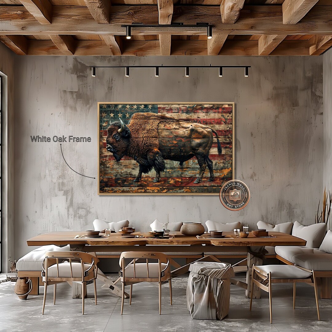 American Bison in Rustic Style Framed Canvas Wall Art Patriotic ...