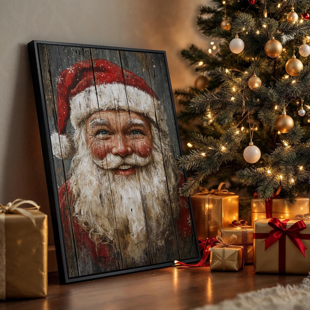 Rustic Santa Claus Portrait Framed Canvas Wall Art Whimsical Santa ...