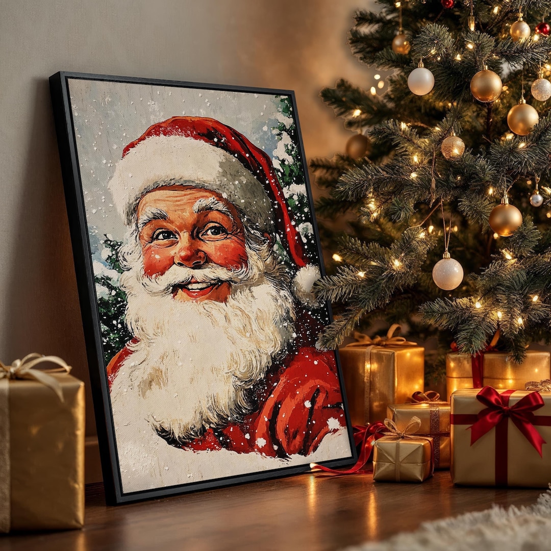 Festive Santa Claus Framed Canvas Wall Art Whimsical Winter Painting ...