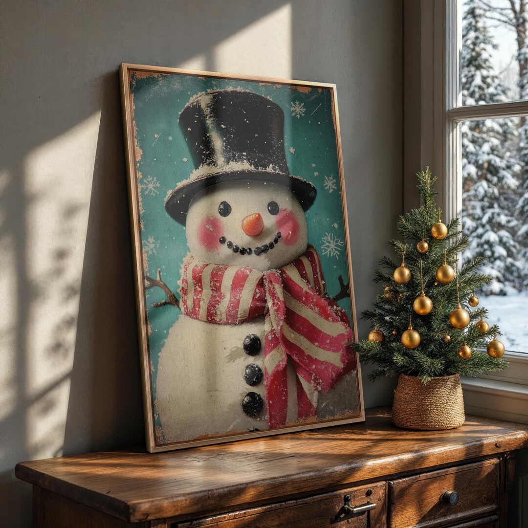Vintage Snowman Portrait Framed Canvas Wall Art Retro Christmas ...
