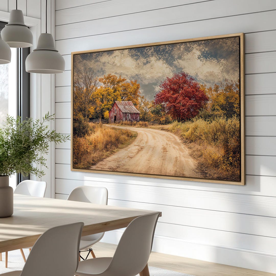 Rustic Red Barn Framed Canvas Print - Country Road and Vibrant Trees ...