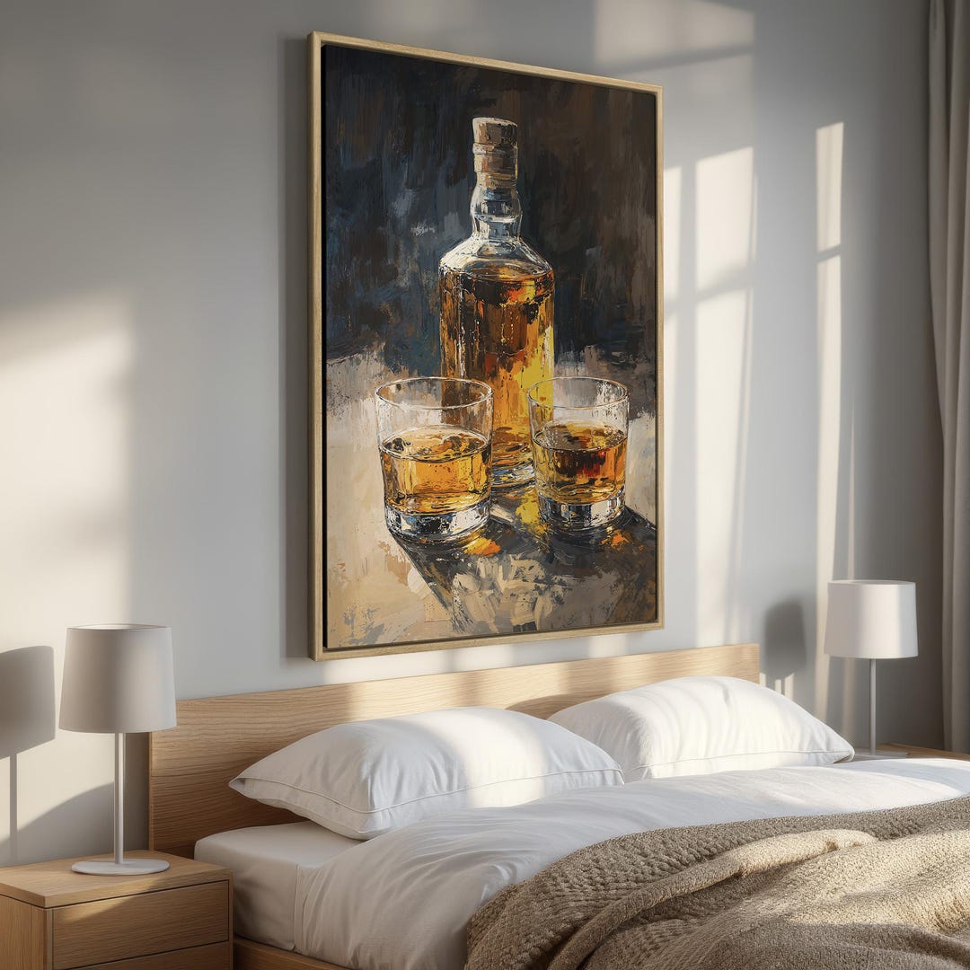 Vintage Whiskey Bottle and Glasses - Framed Canvas Print, Alcohol ...