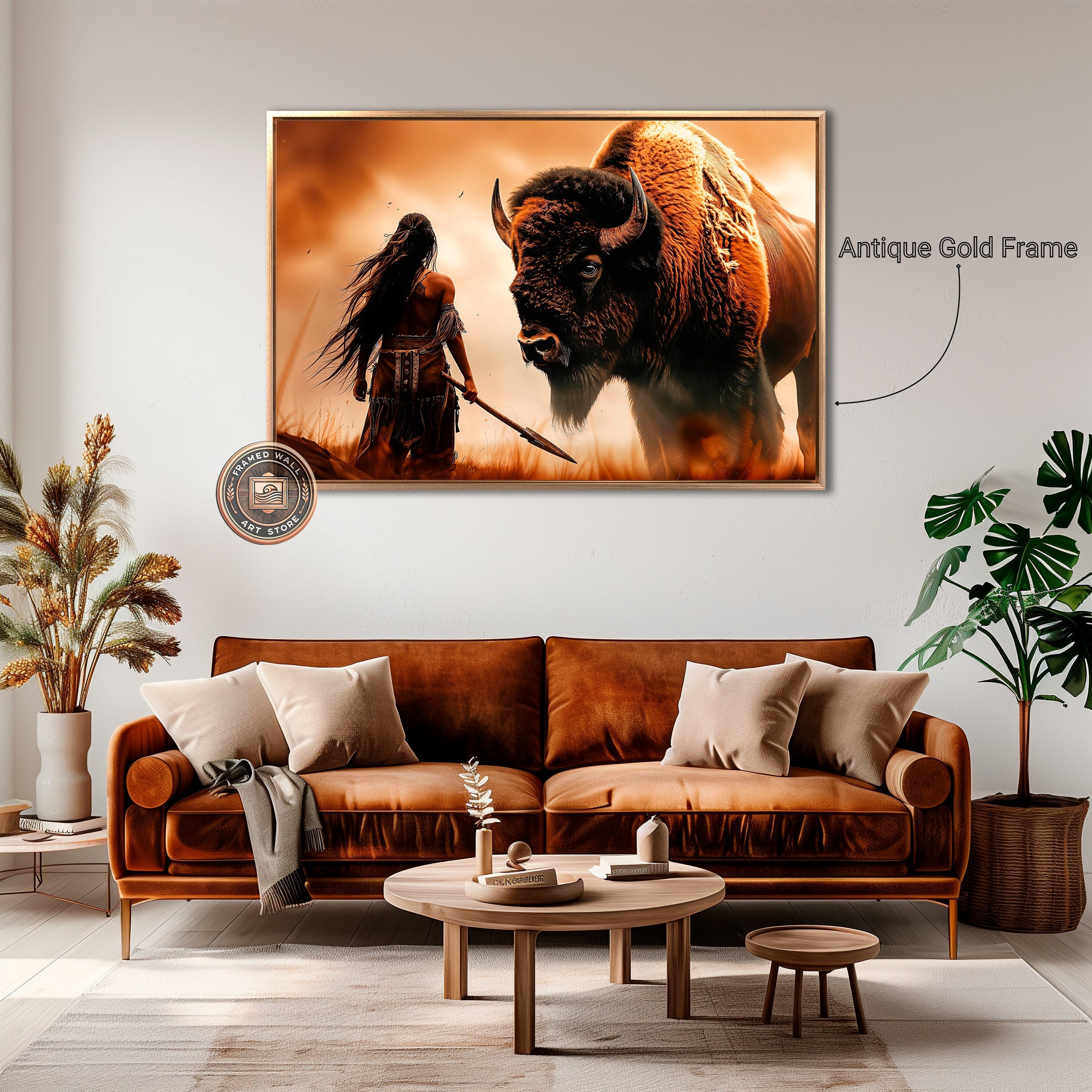 Powerful Warrior and Buffalo Framed Canvas Wall Art Native American Art ...