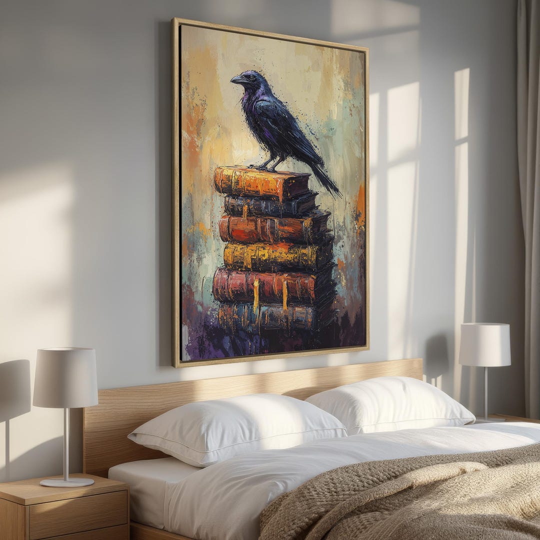 Black Raven on Book Stack - Framed Canvas Print, Fantasy Bird and ...